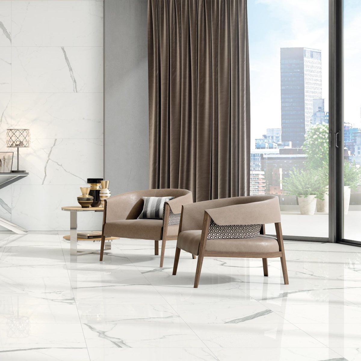 White 600 x 600 mm Marble effect porcelain tile | Marble Lab Calacatta ...